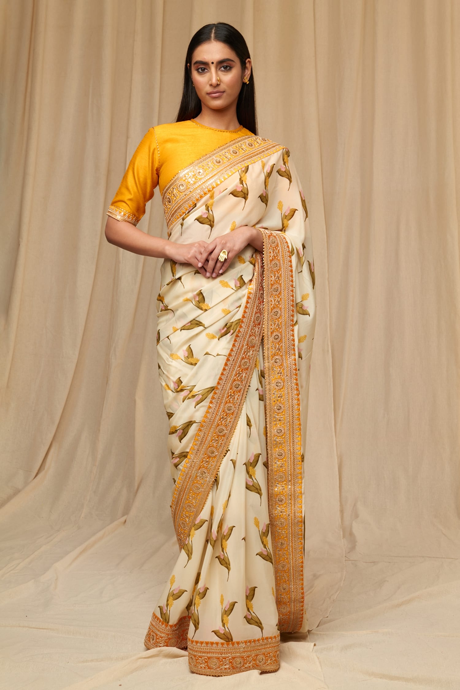 Buy Masaba Ivory Raw Silk Floral Fantasy Print Saree Online | Aza Fashions