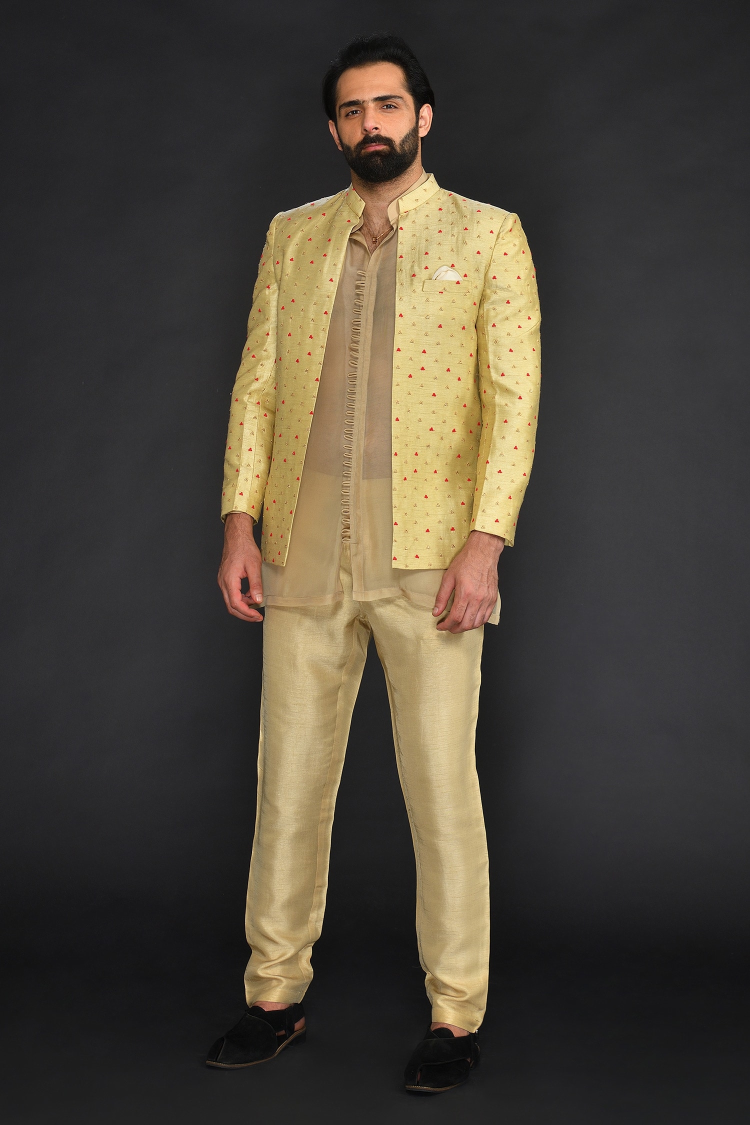 Buy Beige Vis Silk Embroidery Bead Mandarin Collar Bandhgala Set For ...