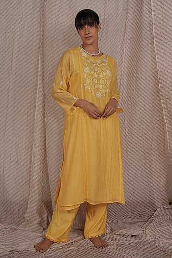 Buy Pants and Pajamas Water Color Yellow Chikankari Chanderi Kurta ...
