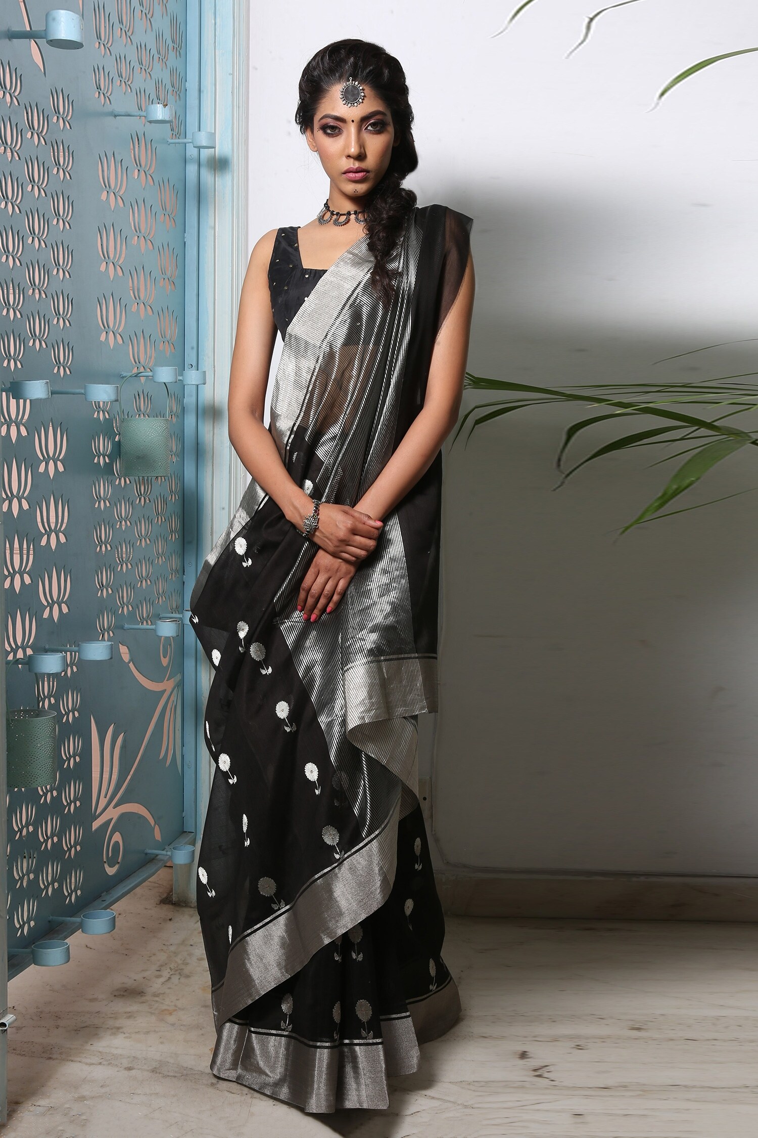 Buy Mint N Oranges Black Chanderi Zari Work Woven Saree Online | Aza ...