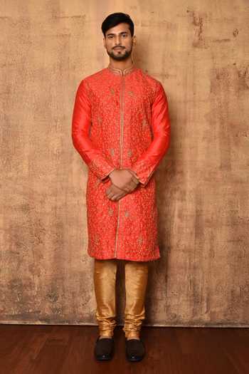 Buy Pink Sherwani: Art Silk Floral Set For Men by Nazaakat by Samara ...
