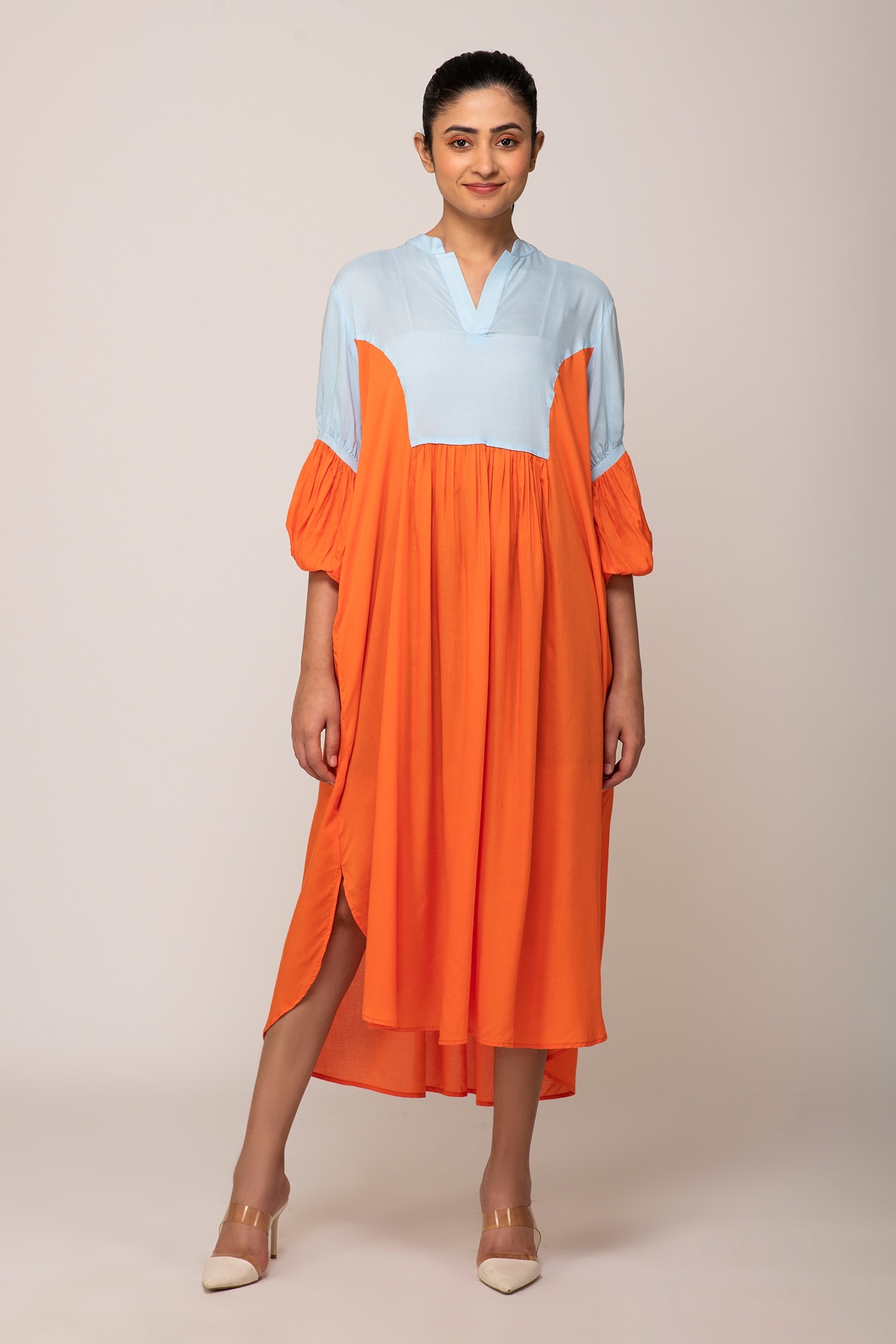 Buy Orange Cotton Modal Chinese Collar Chui Mui Color Block Yoke Dress ...