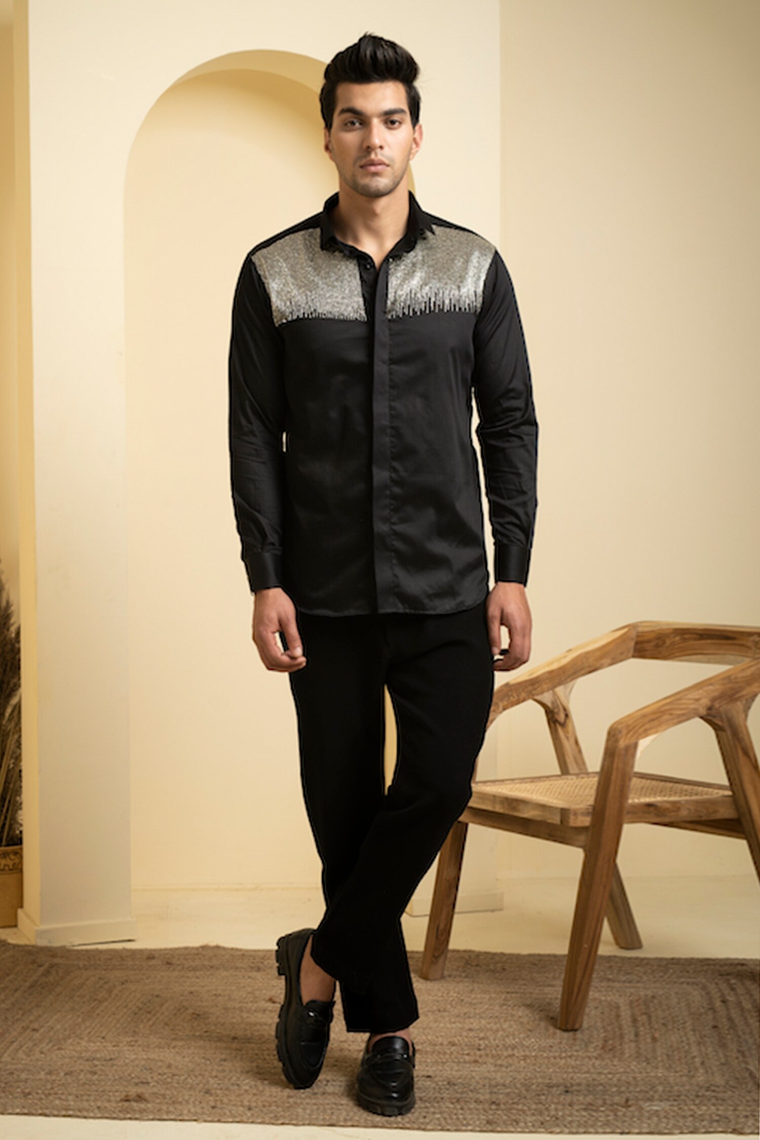 Buy Black Cotton Satin Embroidery Glare Shimmer Shirt For Men by Hilo ...