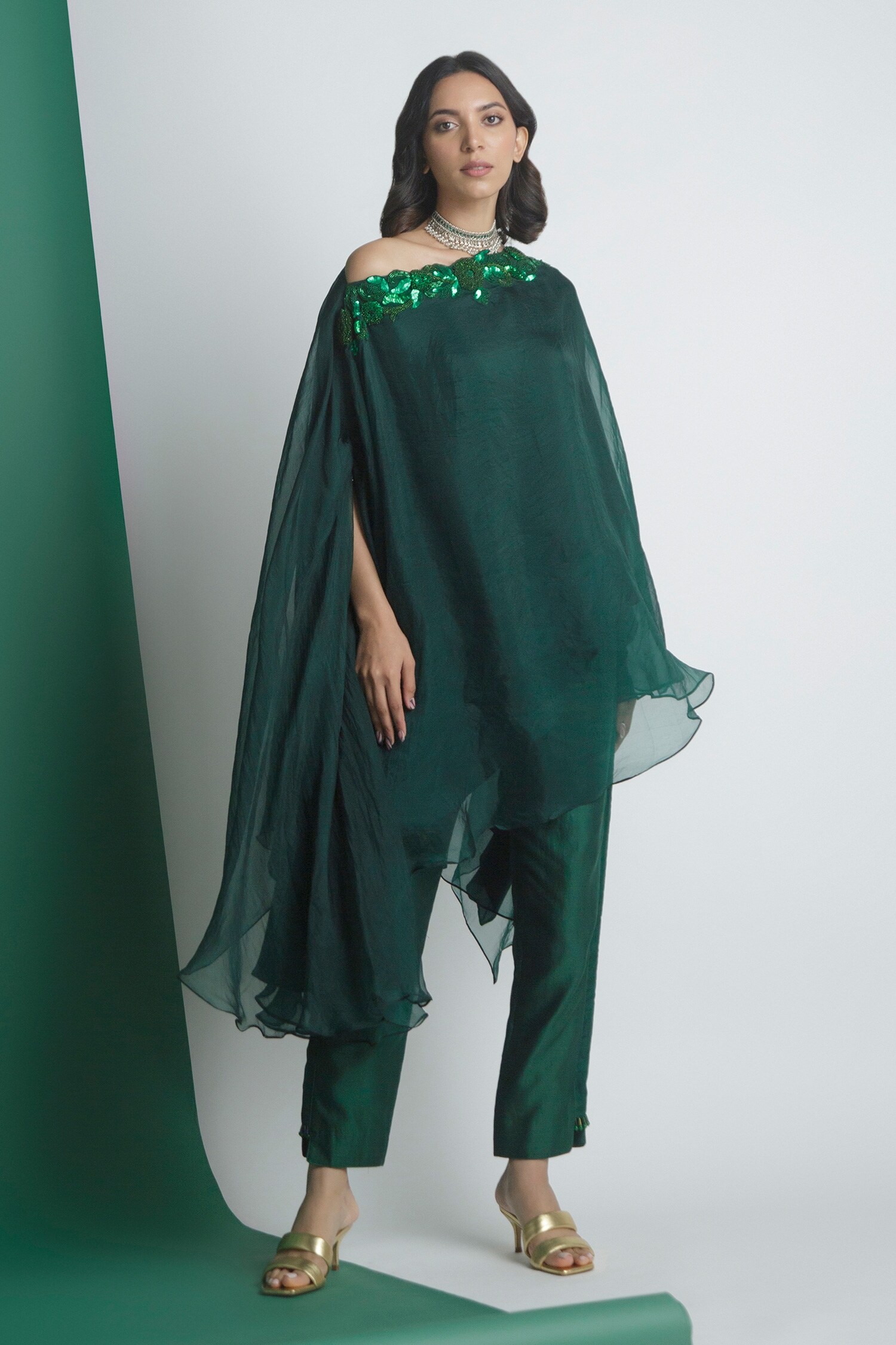 Buy Green Organza Embroidered Sequin Beads One Layered Cape And Pant ...
