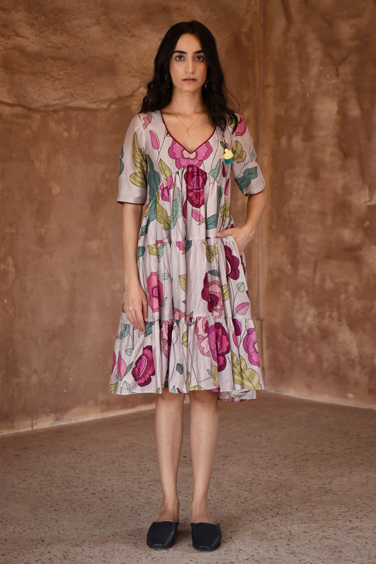 Buy Grey Chanderi Silk Print Floral V Neck Foliage Tiered Dress For ...