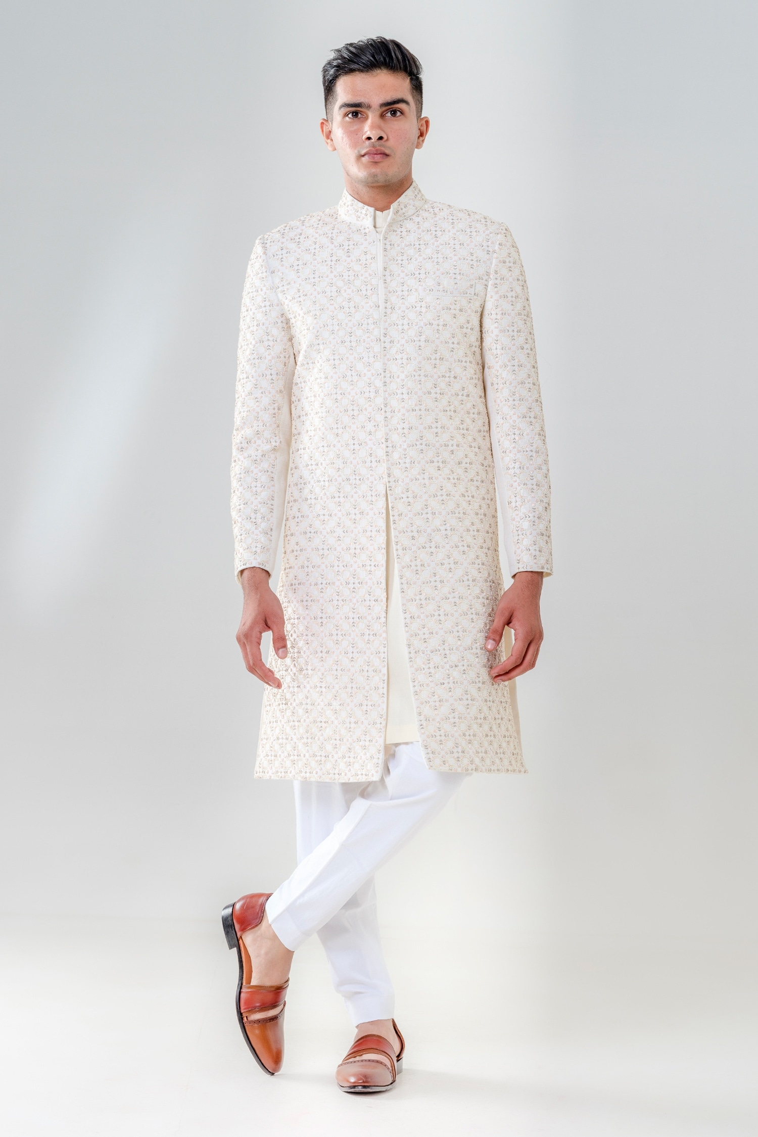 Buy Ivory Raw Silk Embroidered Cut Dana Geometrical Threadwork Sherwani ...