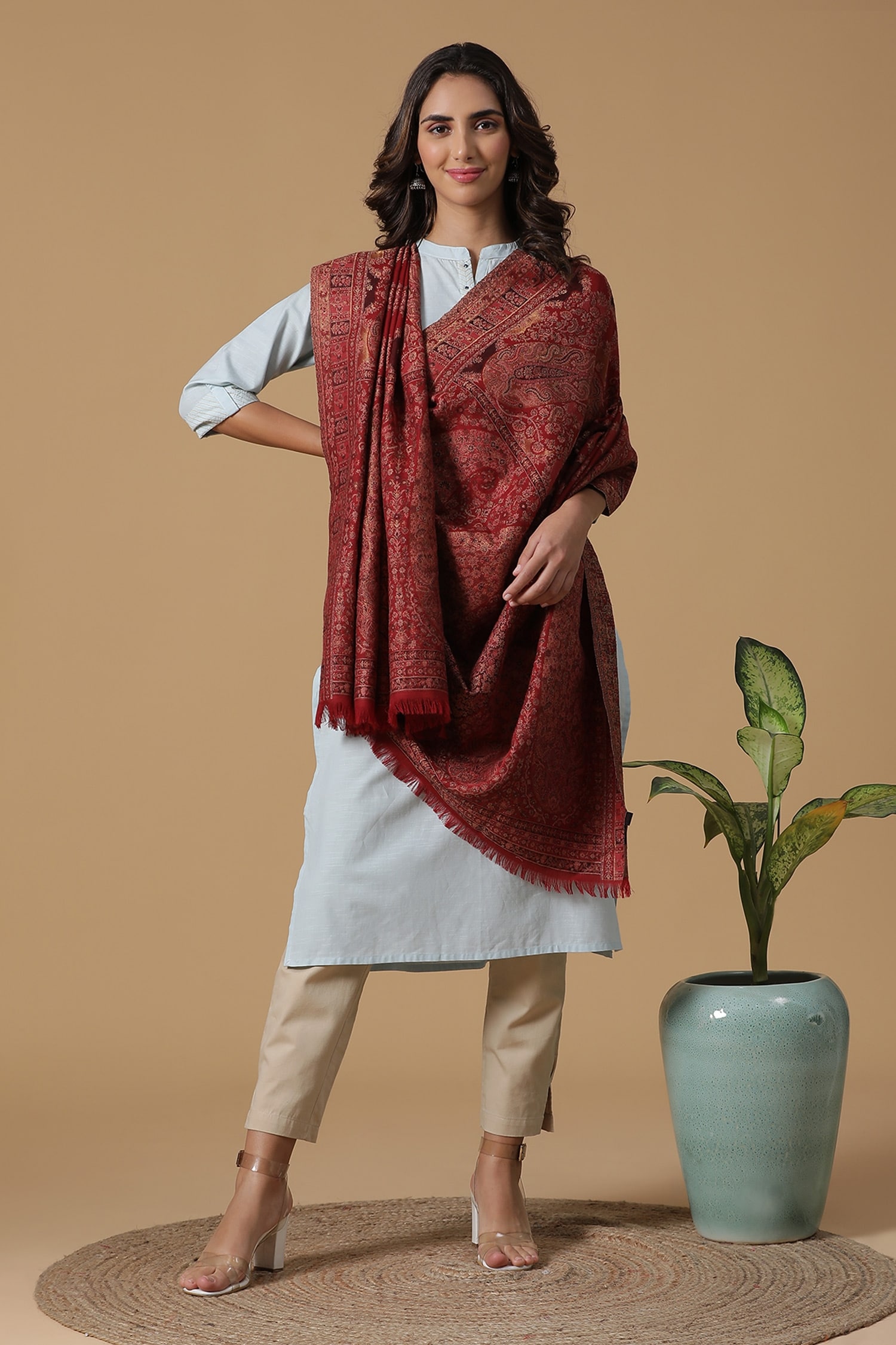 Buy Maroon Woven Kani Pattern Shawl by SHINGORA Online at Aza Fashions.