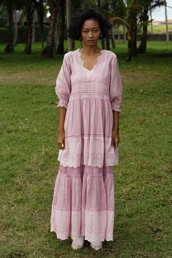 Buy Purple Chanderi Cotton Silk Embroidered Lace Rosa Layered Maxi ...