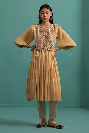 Buy 5 elements Beige Polyester Mix Balloon Sleeve Brocade Yoke Anarkali ...