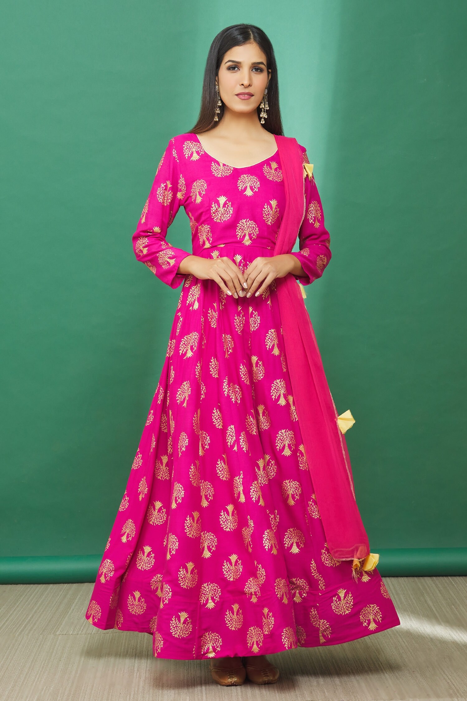 Buy Pink Anarkali Rayon Printed Foil Round Foliage And Plain Dupatta ...