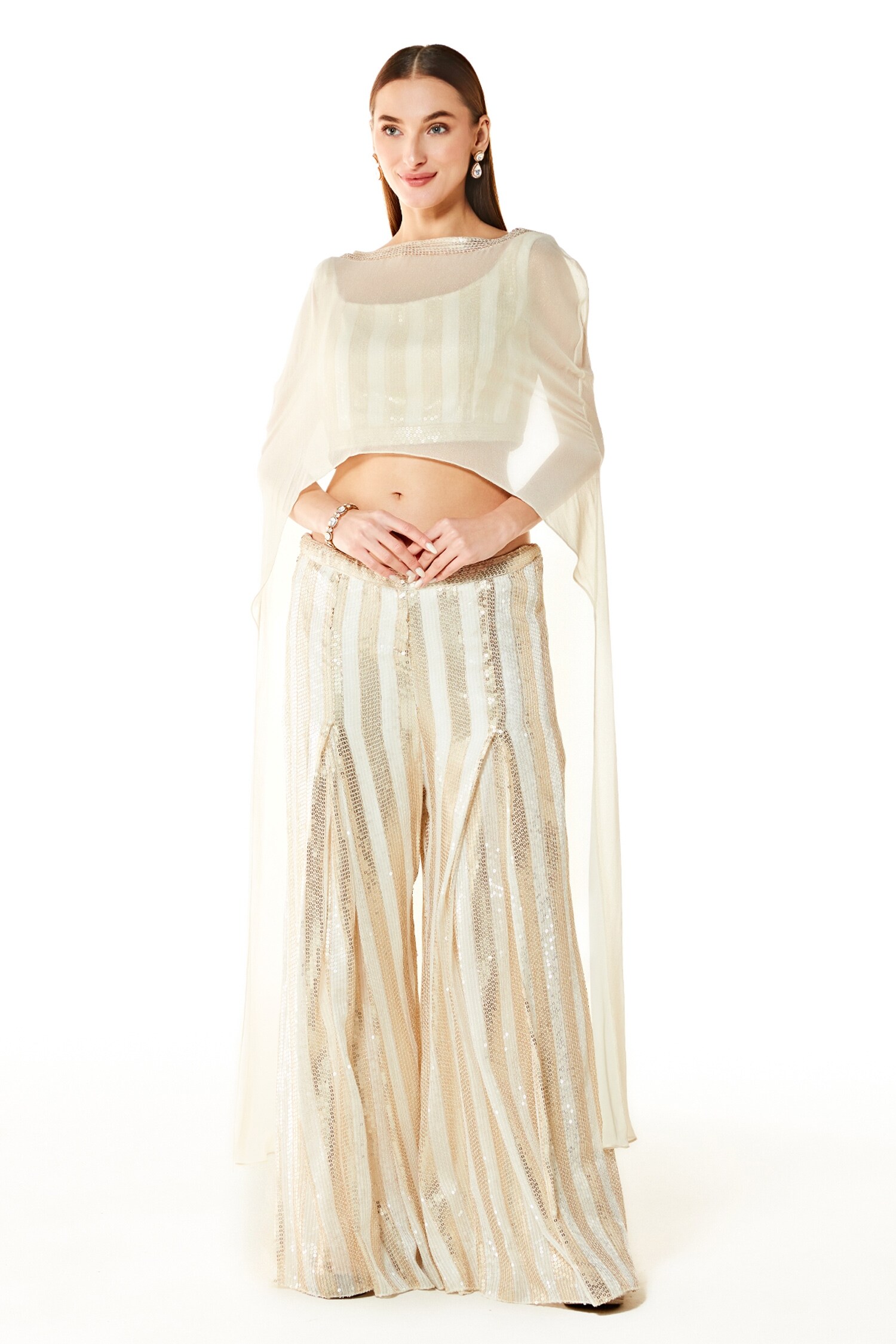 Buy Rabani & Rakha Ivory Adha Net Cape And Palazzo Set Online | Aza ...