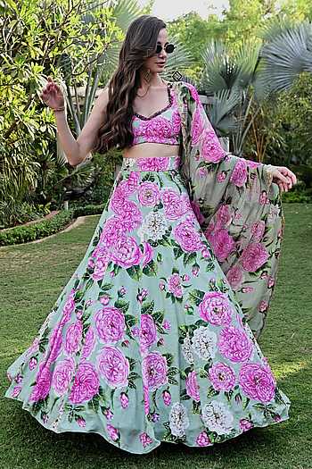 Buy sanam lalwani Green Giselle Silk Bloom Flower Print Lehenga Set ...