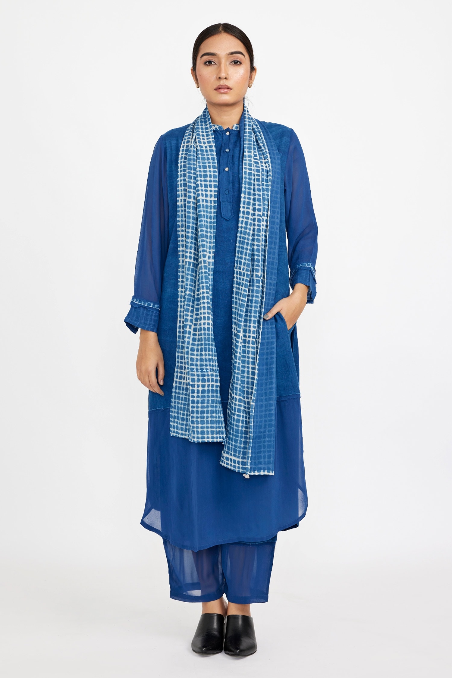 Buy Jayati Goenka Blue Natural Dyed Kurta Set With Hand Block Print ...