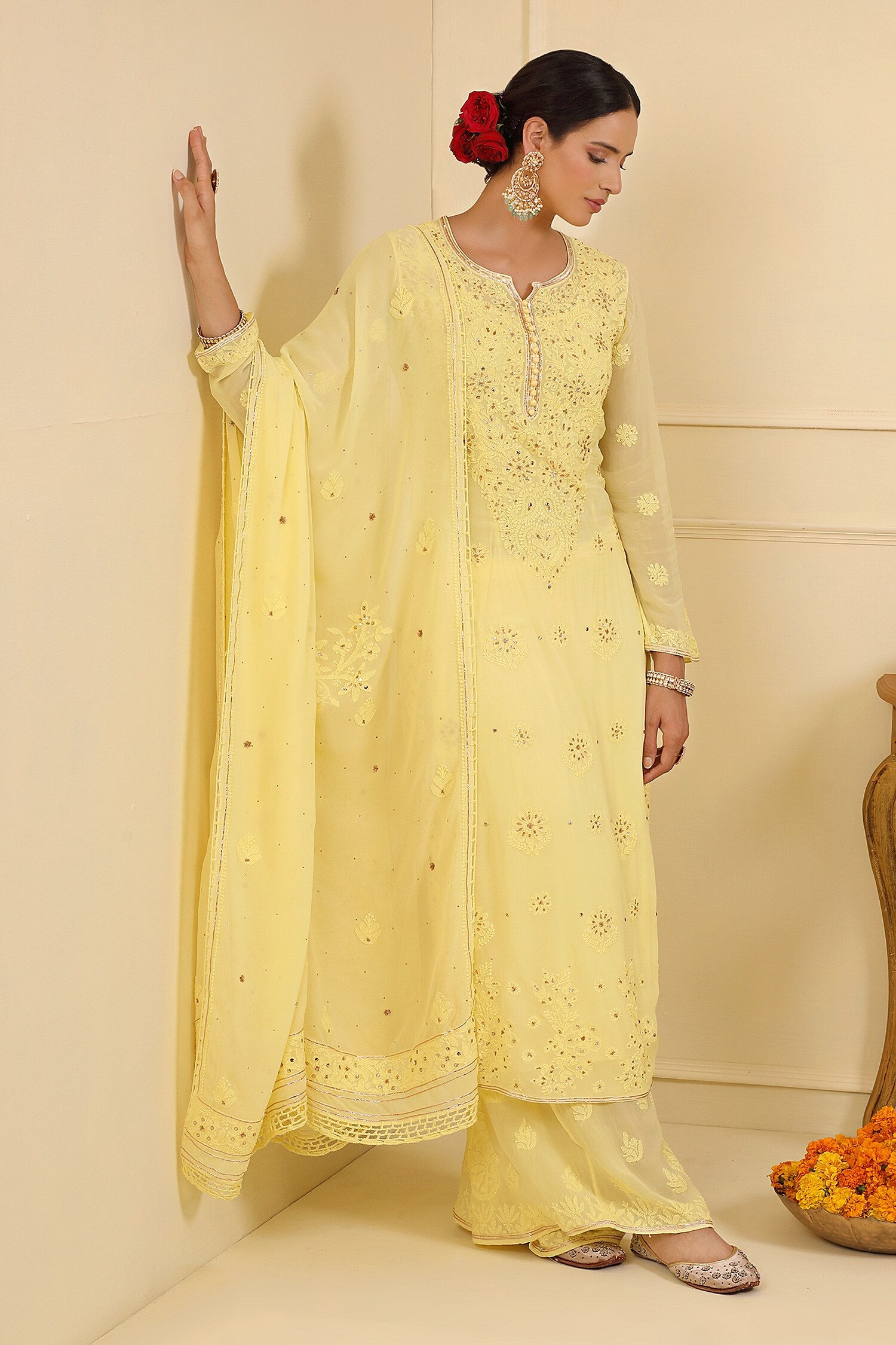 Buy Yellow Georgette Embroidered And Embellished Thread Kurta Set For ...