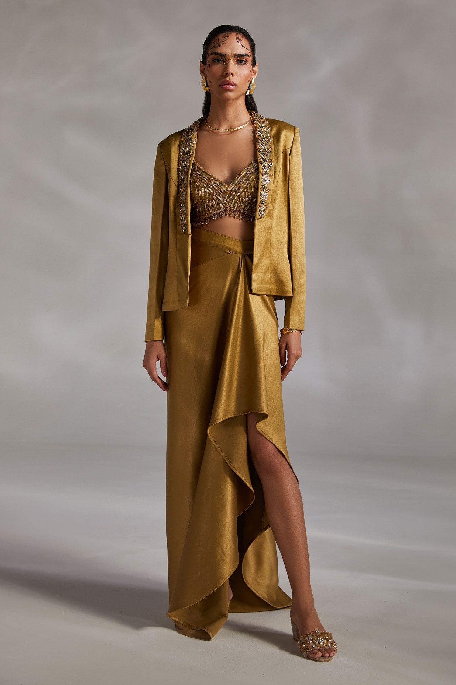 Buy Divya Aggarwal Yellow Heavy Satin Vivien Border Embellished Blazer ...