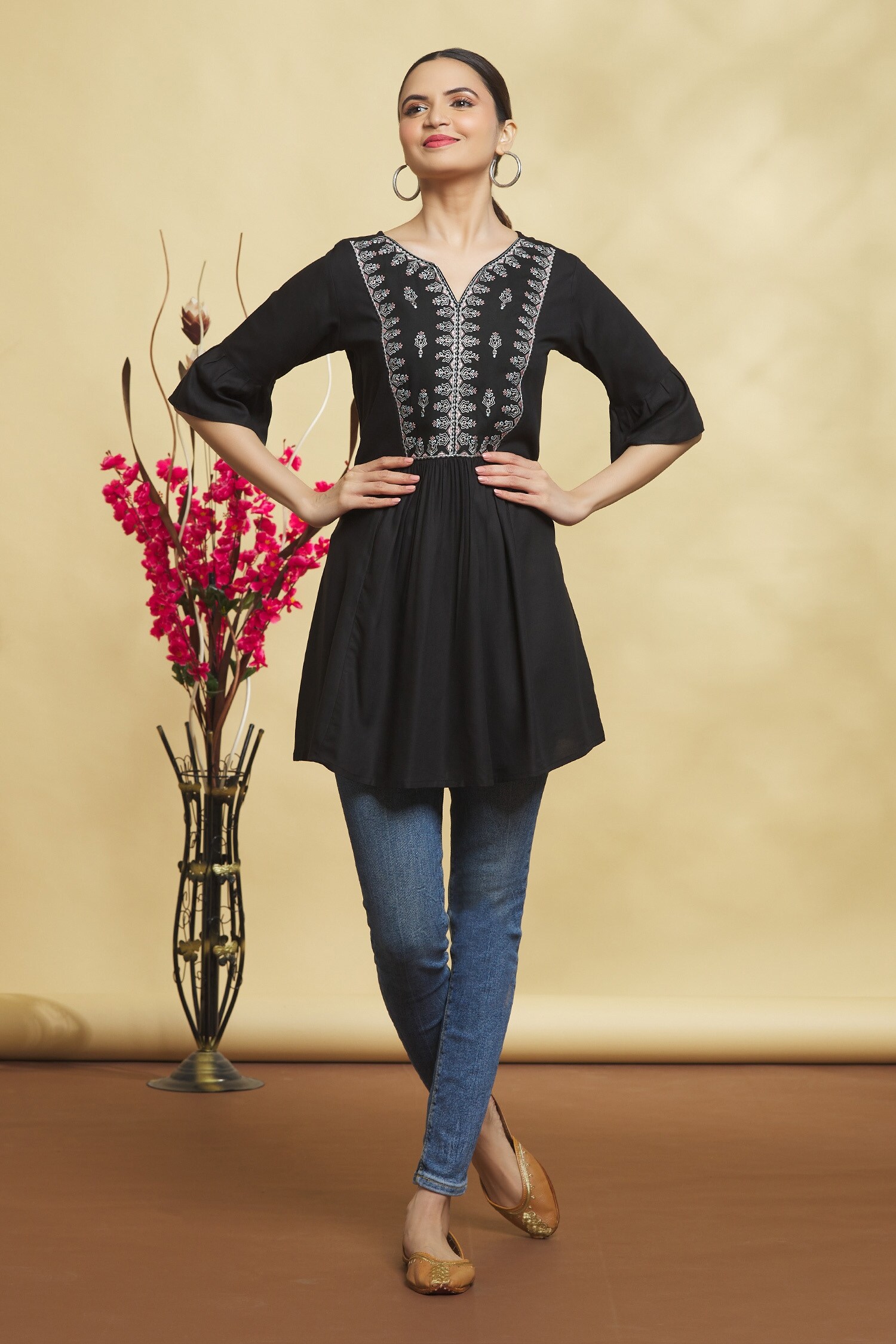 Buy Black Rayon Embroidered Floral Notched Short Tunic For Women by ...