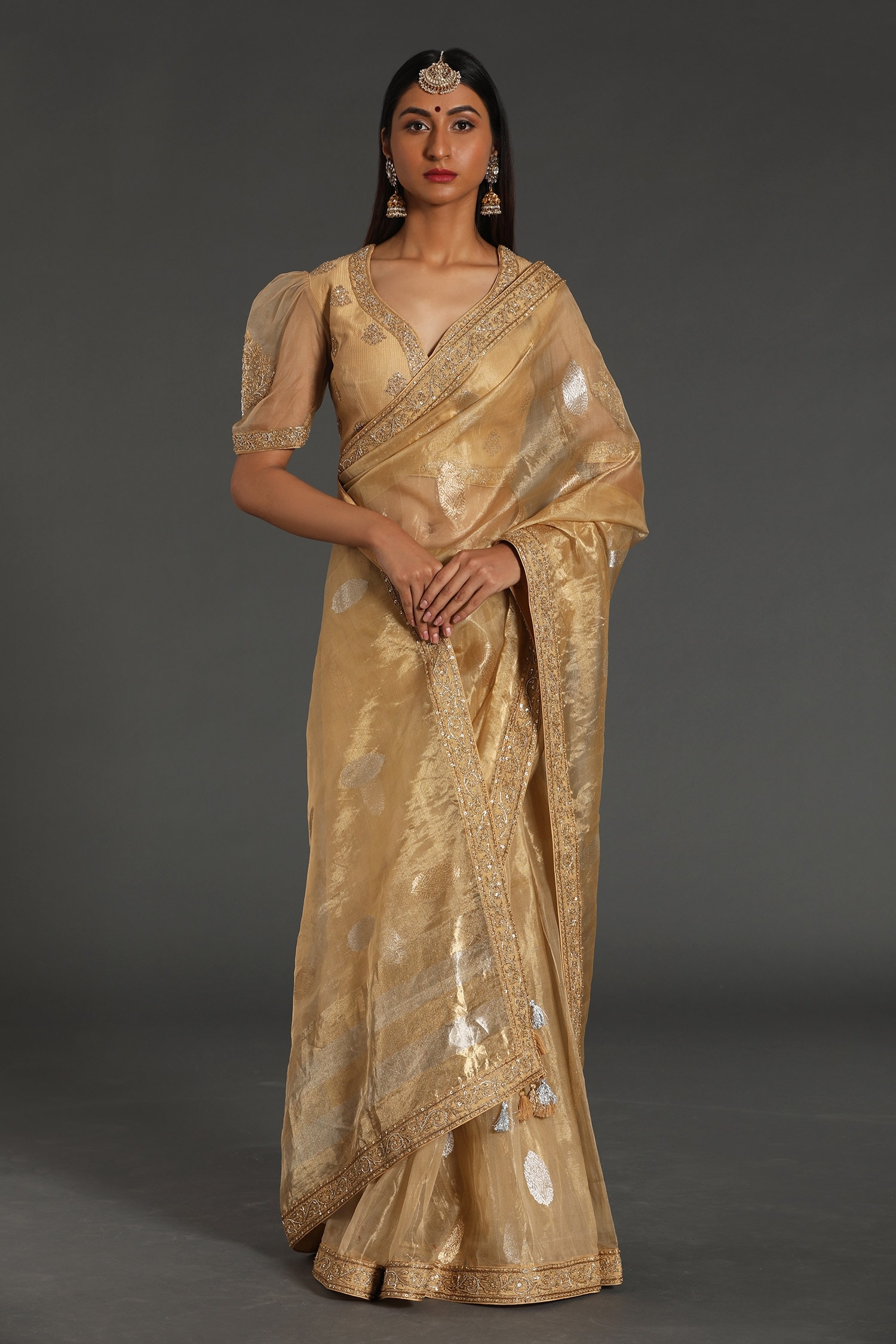 Buy Gold Chanderi Handloom (50% Silk X 50% Dori Saree With Blouse For ...