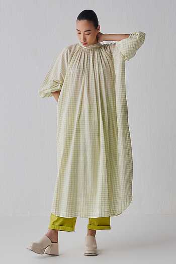 Buy Green Woven Checkered Band Collar Gathered Tunic For Women by THREE ...