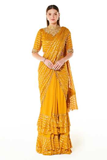 Buy Yellow Georgette Sairaa Layered Pre-draped Saree With Blouse For ...