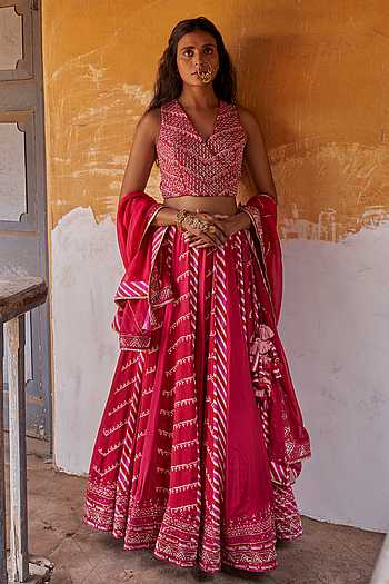 Buy Pink Muslin Silk Printed And Hand Sofi Multi Panelled Lehenga Set ...