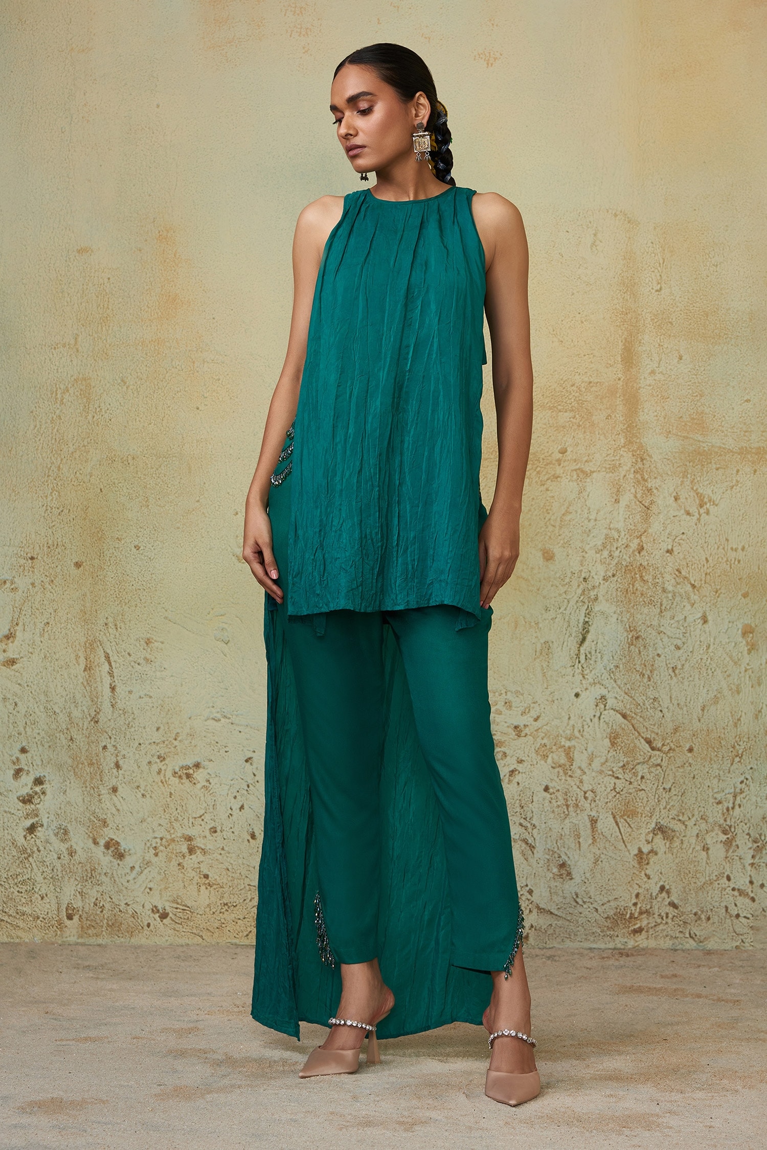 Buy Style Junkiie Green Silk High Low Asymmetrical Tunic Online | Aza ...