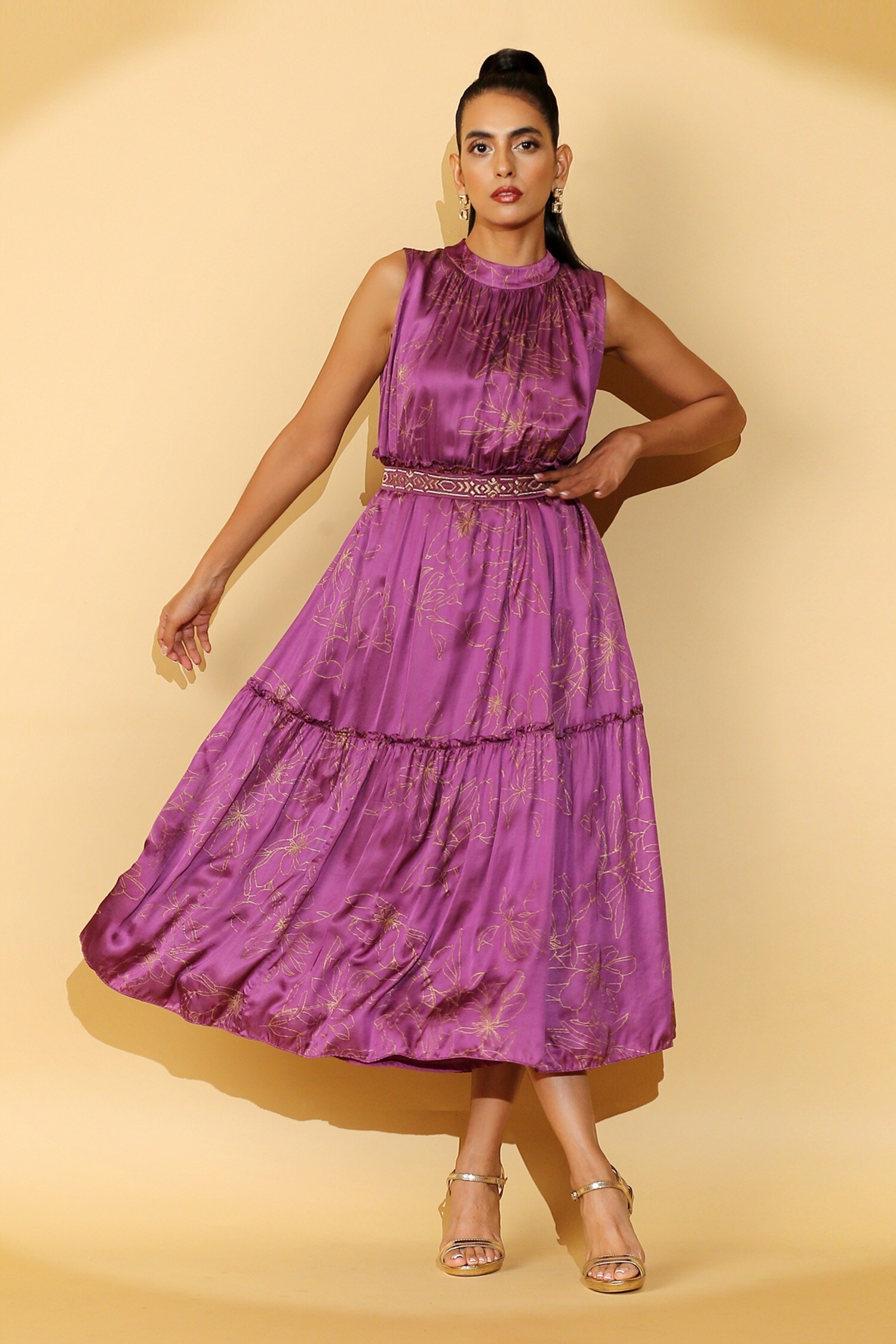 Buy Purple 65% Cupro 35% Modal Printed Floral Round High Helen Dress ...