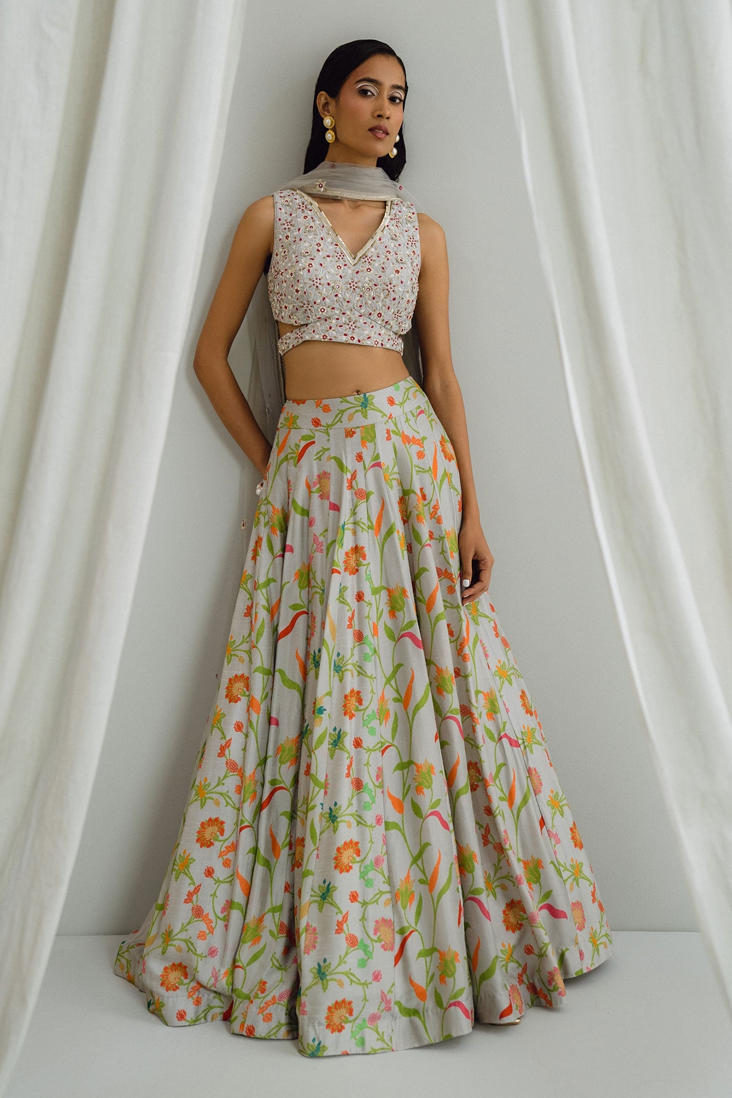 Buy Grey Dupion Silk Embroidered Floral V Neck Print Panelled Lehenga