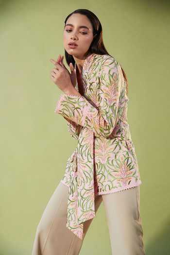 Buy Pink 100% Linen Embroidery Foliage V Neck Wrap Blazer For Women by ...