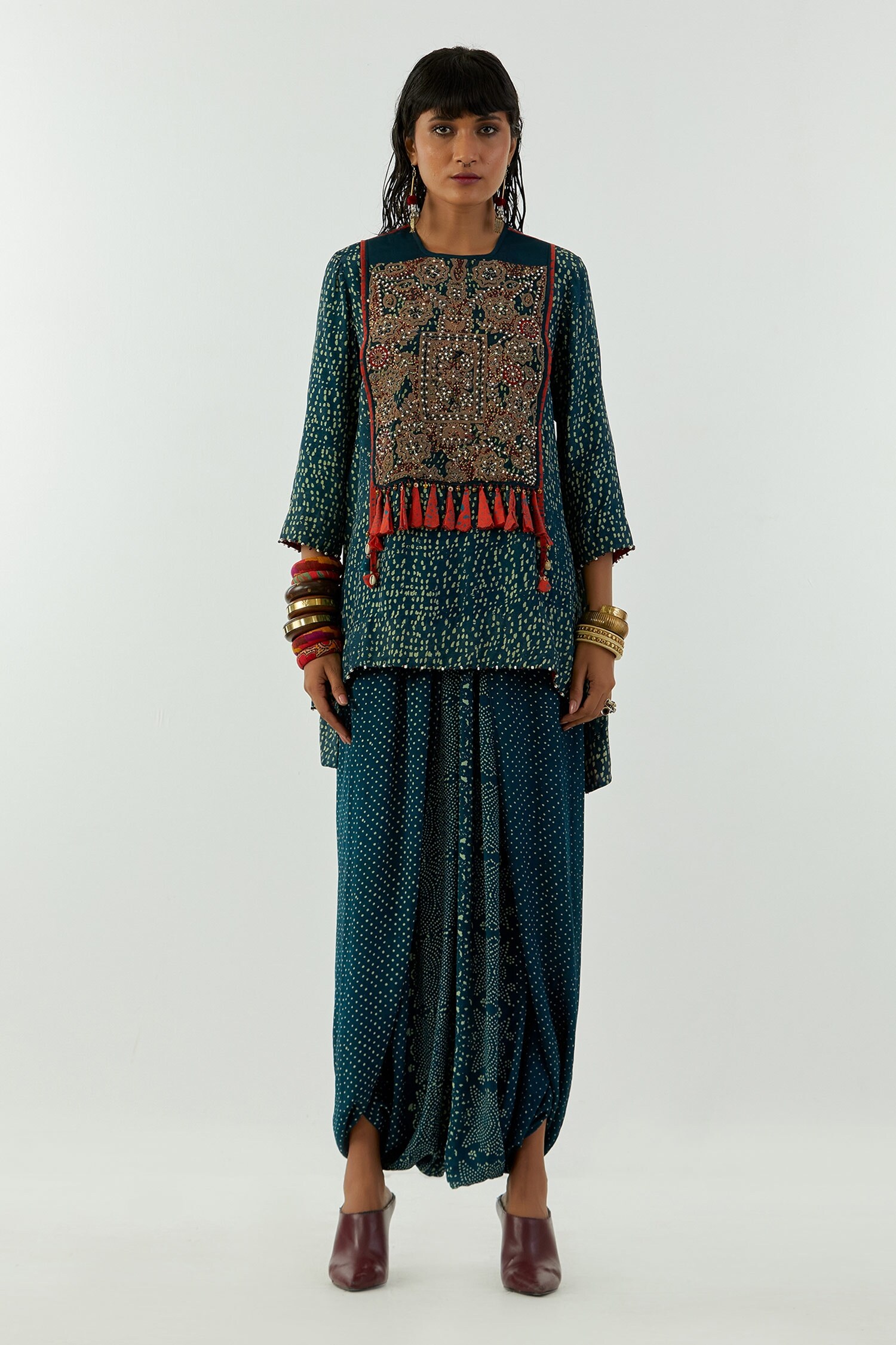 Buy Blue Natural Crepe Printed Zari Mitra Short Kurta And Draped ...