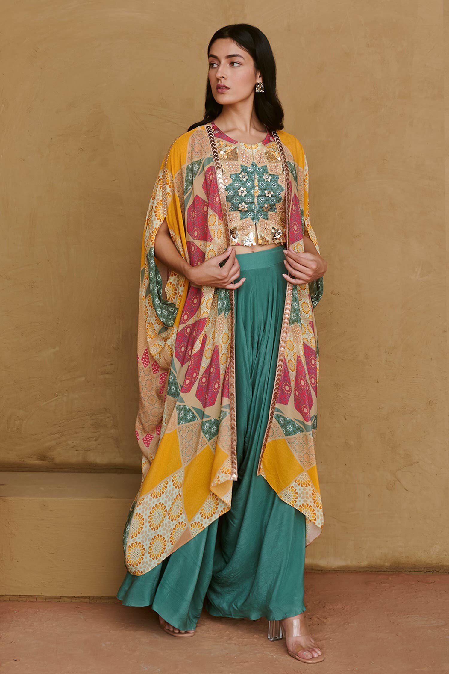 Buy Green Top And Cape Silk Satin Print & Embroidery Marrakech Pant Set For Women by Studio ...