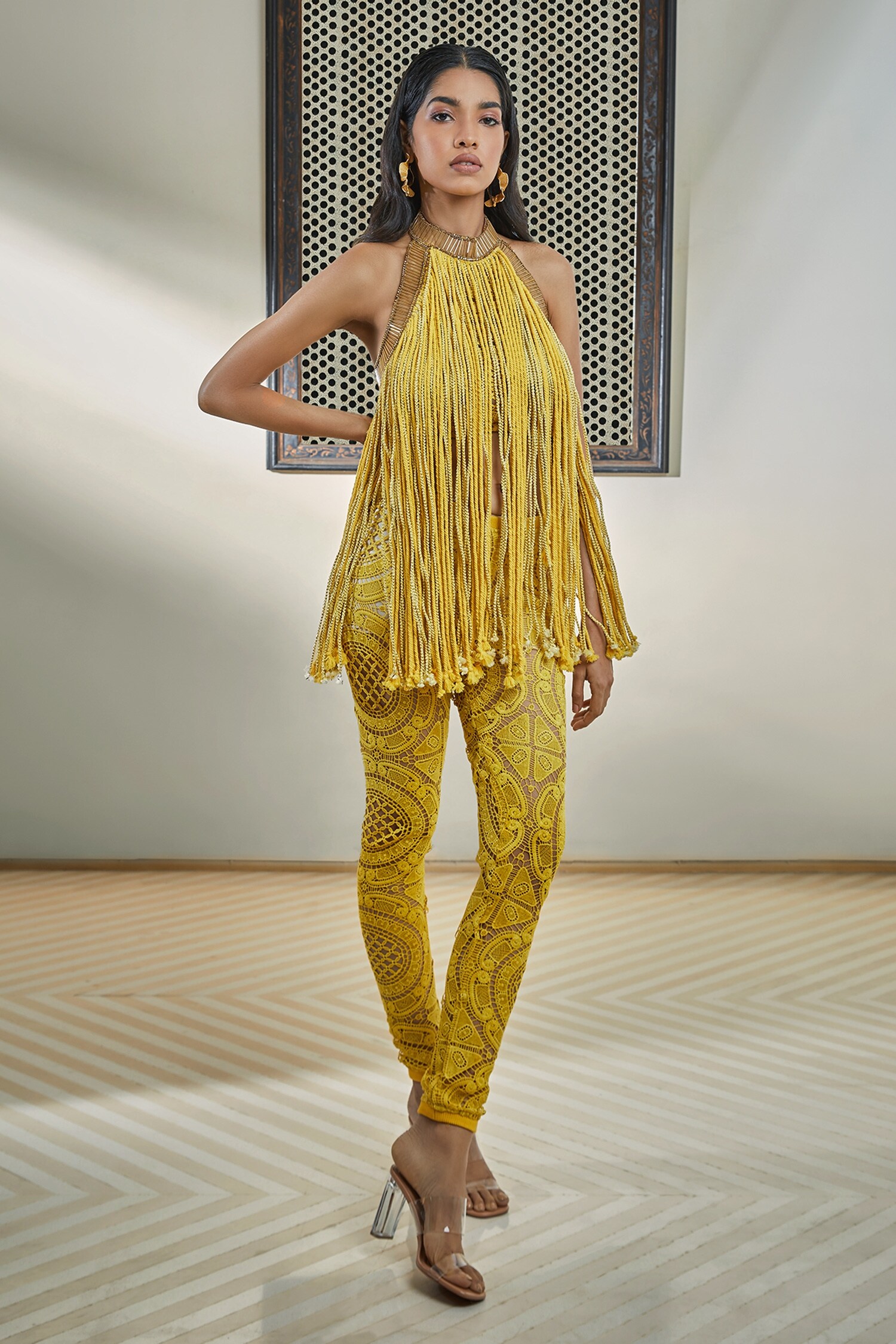 Buy Surily G Yellow Chanderi Floral Crochet Pant Online | Aza Fashions