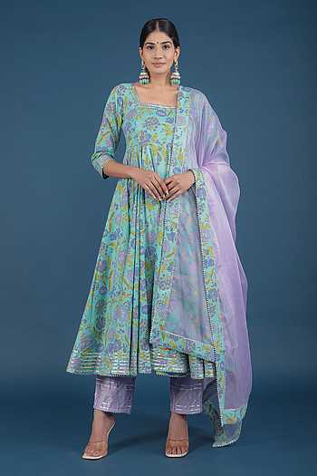 Buy Green Anarkali And Pant Cotton Printed Spring Square Neck Set For ...