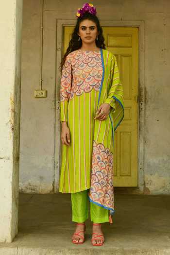 Buy Swati Vijaivargie Green Silk Champa Striped Print Kurta Online ...