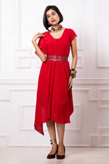 Buy Red Pure Crepe Plain V Neck Asymmetric Hem Dress For Women by Megha ...