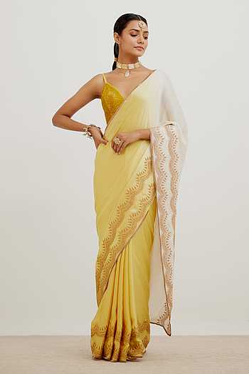 Buy Devnaagri Yellow Velvet Satin Shaded Saree With Embroidered Singlet ...