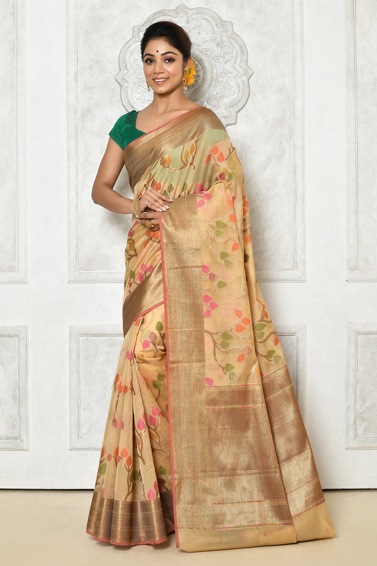 Buy Beige Banarasi Cotton Silk Woven Tree Pattern Jaal Minedar Saree ...