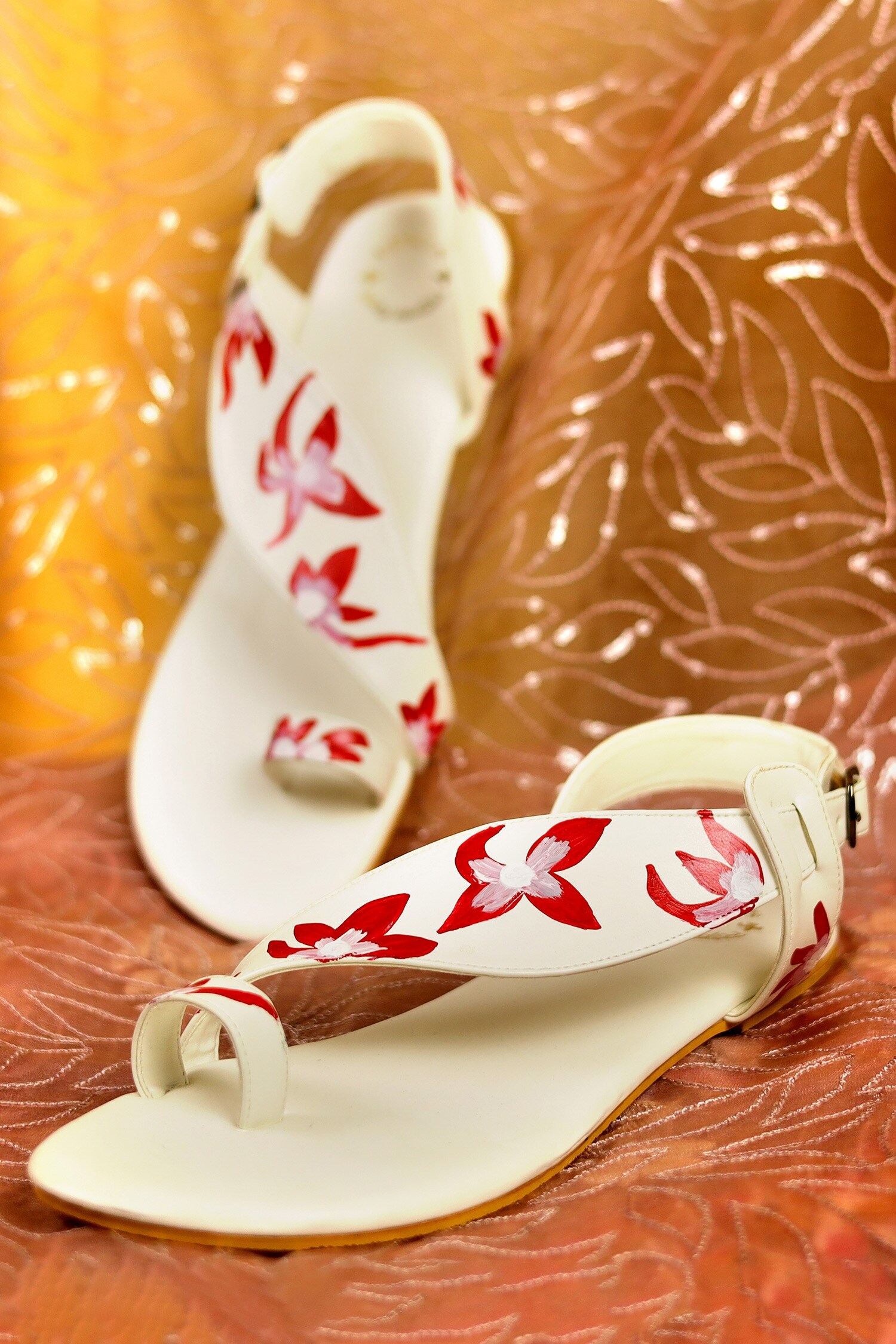 Buy Rajasthani Stuff White Rexin Blossom Hand Painted Flats Online ...