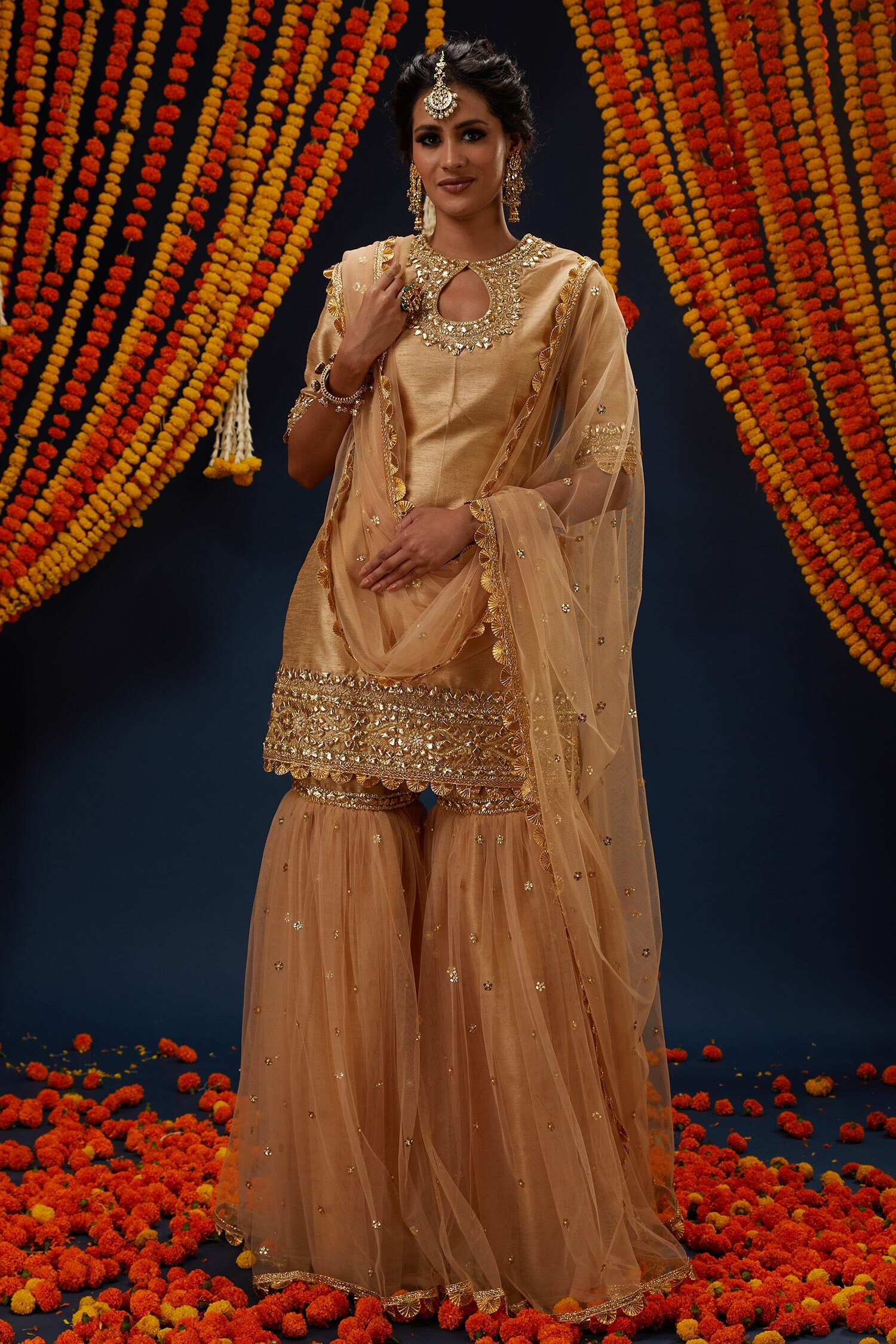 Buy Beige Kurta Dupion Embroidered Gota Round Neck Gharara Set For ...