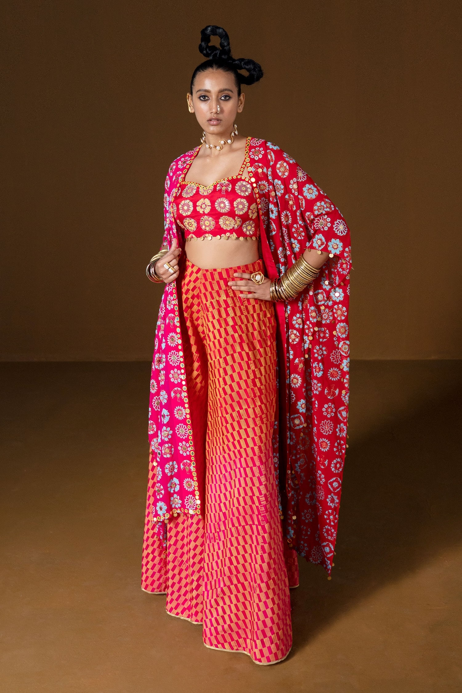Buy Fuchsia Summer Silk Printed Flower Cape: Open Aalta Sharara Set For ...