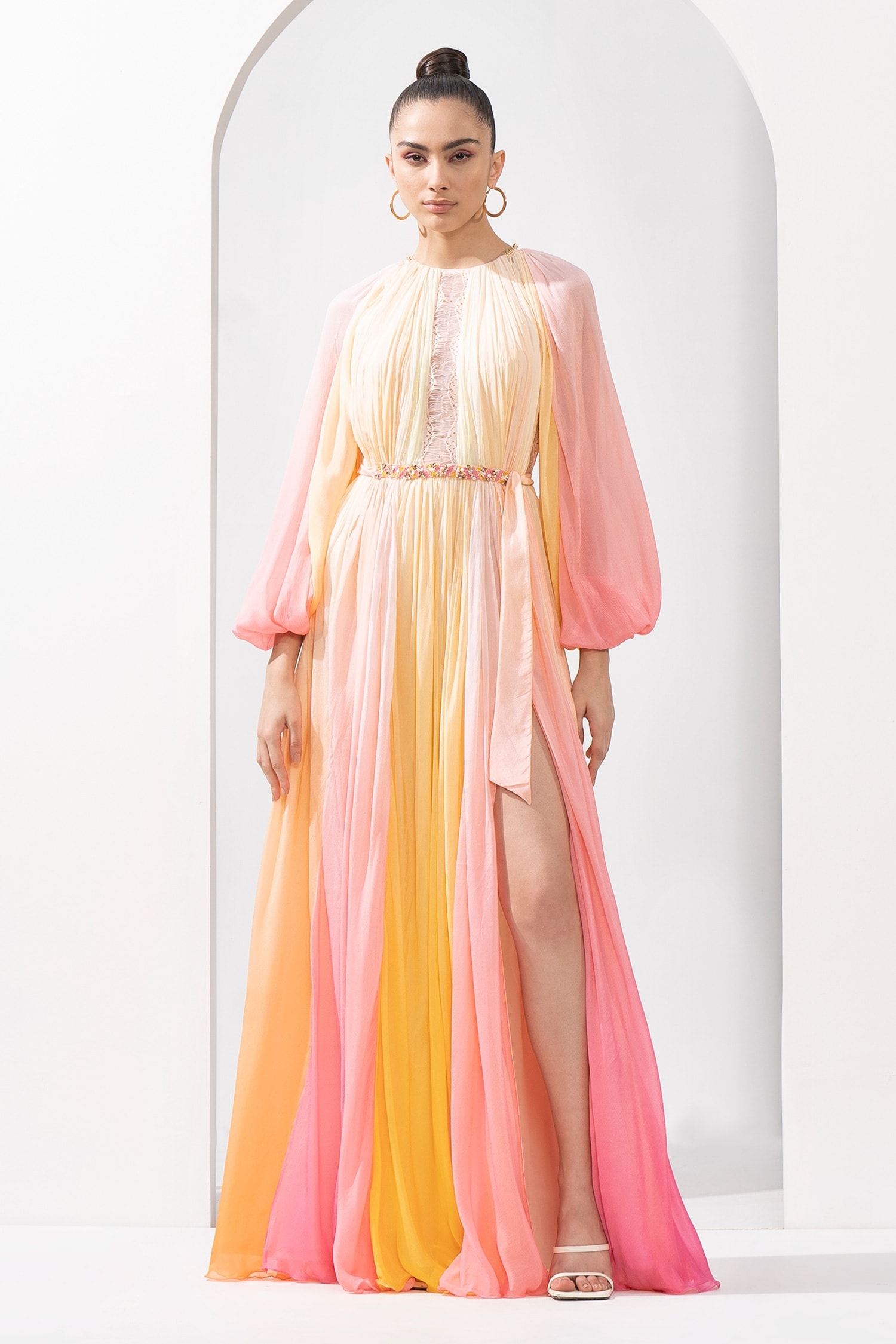 Buy Multi Color Chiffon / Chantley Round Ombre Balloon Sleeve Gown For ...