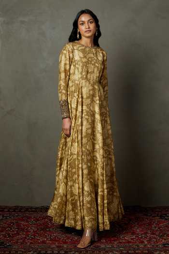 Buy RI.Ritu Kumar Green Ananya Silk Floral Print And Embroidered Gown ...
