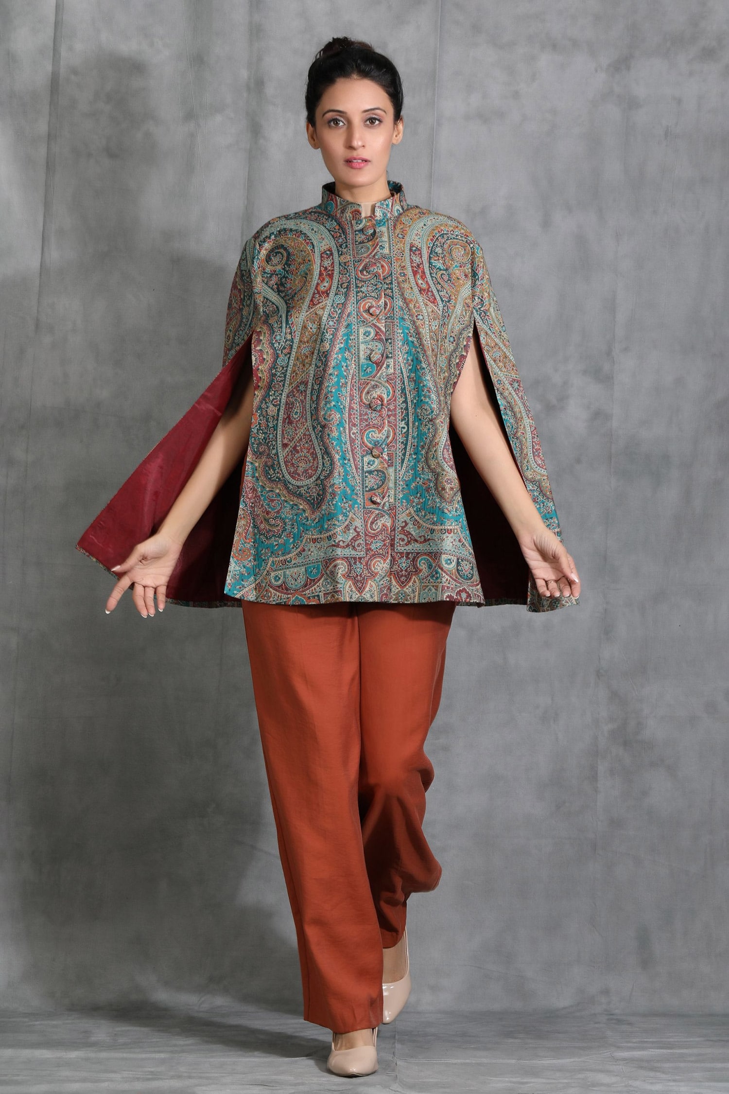 Buy Beige Pashmina Hand Woven Thread Collar Paisley Pattern Jacket For ...