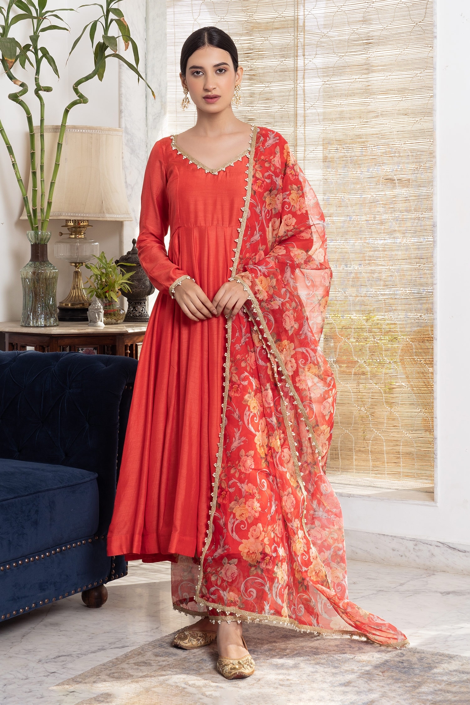 Buy Rivaaj Clothing Red Muslin Pearl Detailed Anarkali And Palazzo Set ...