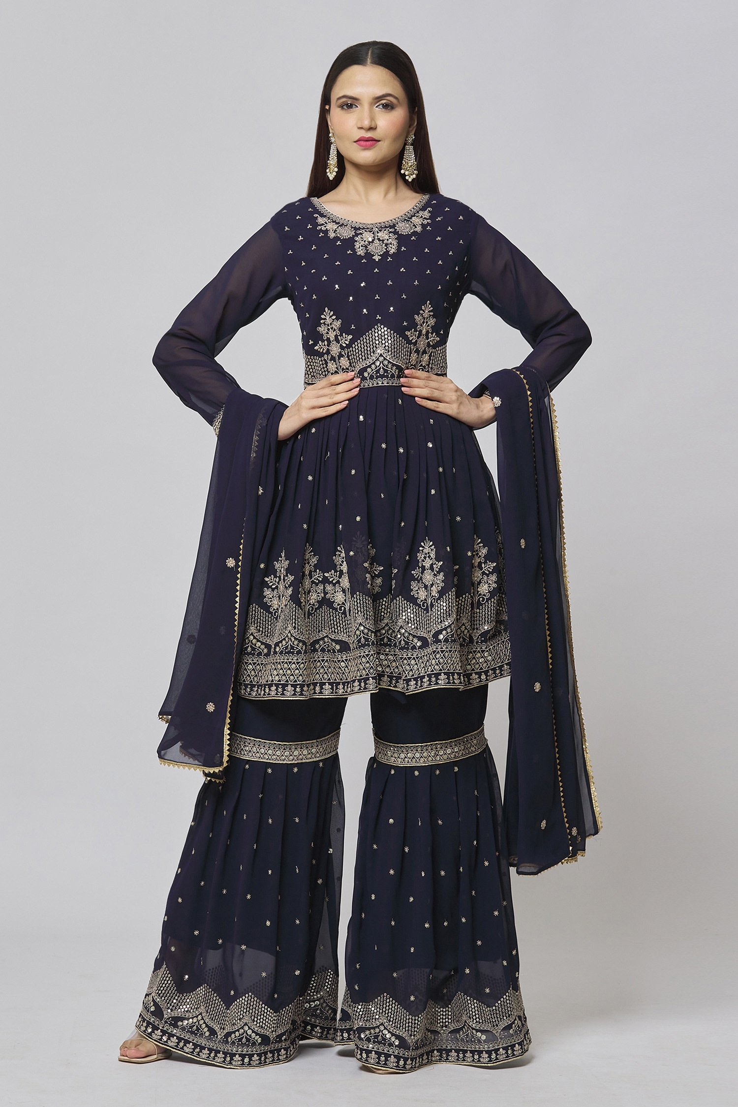 Buy Naintara Bajaj Blue Kurta Flower Tree Embroidered Short Anarkali ...