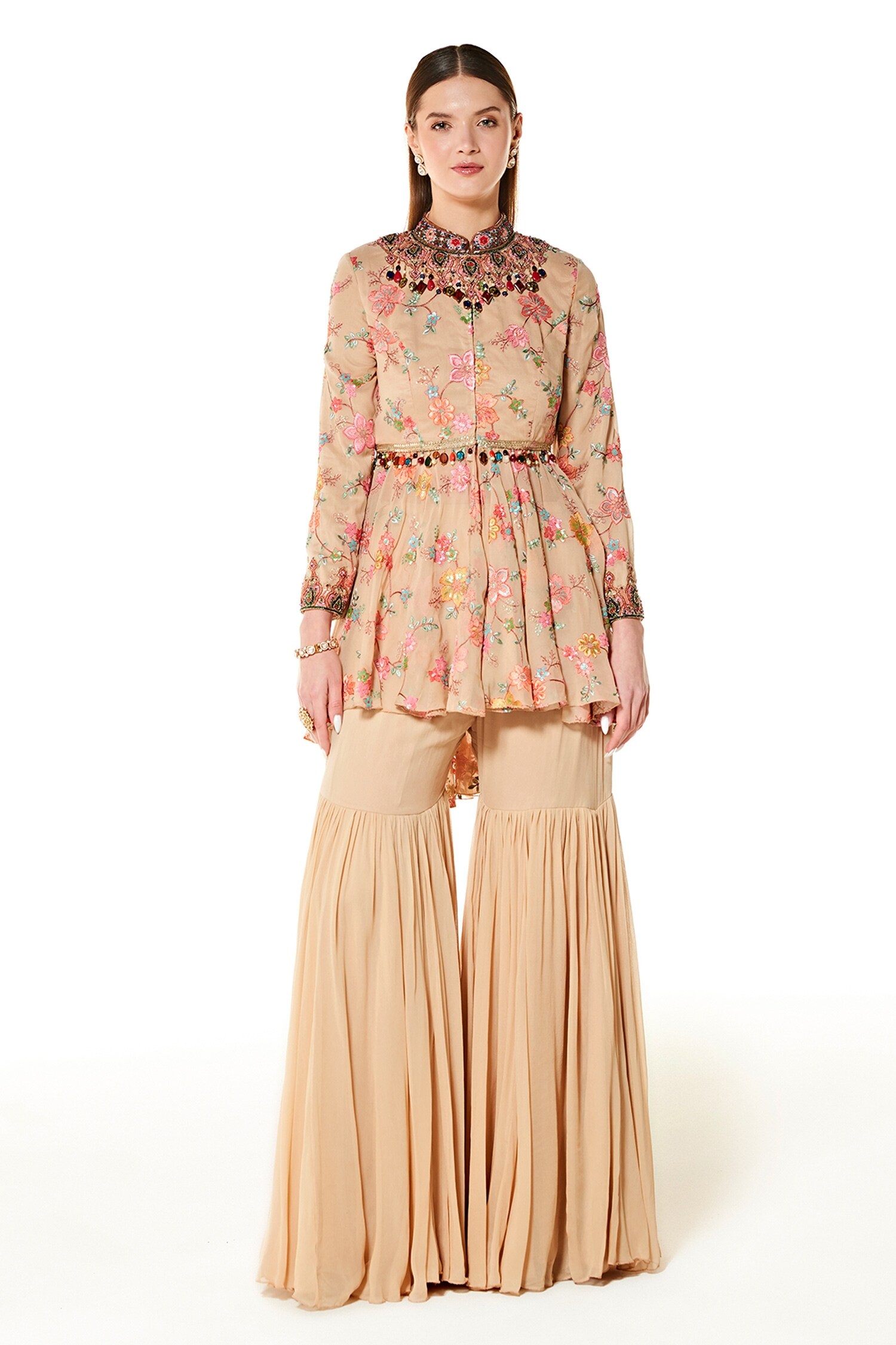 Buy Rabani & Rakha Beige Georgette Dalia Stone Embroidered Peplum And ...