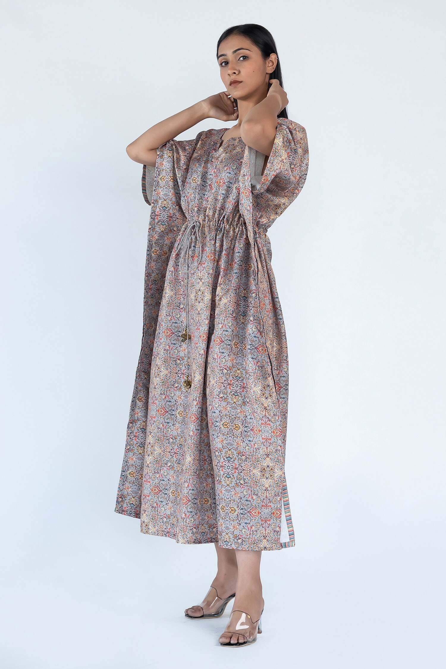 Buy Grey Silk Print Persian V Neck Kaftan For Women by Nikita Vishakha ...