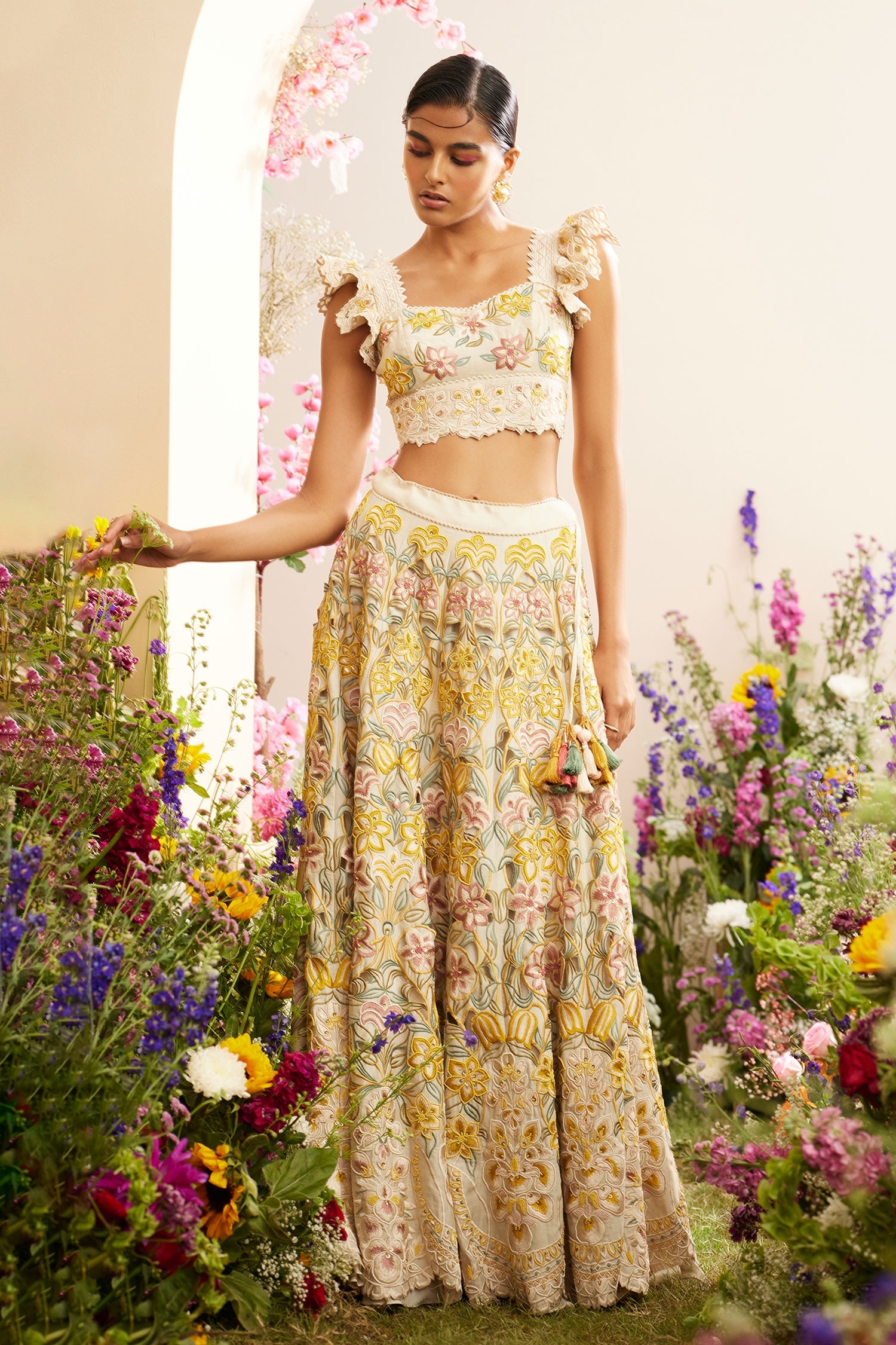 Buy Chandrima Ivory Chanderi Floral Cut Work Lehenga Online | Aza Fashions