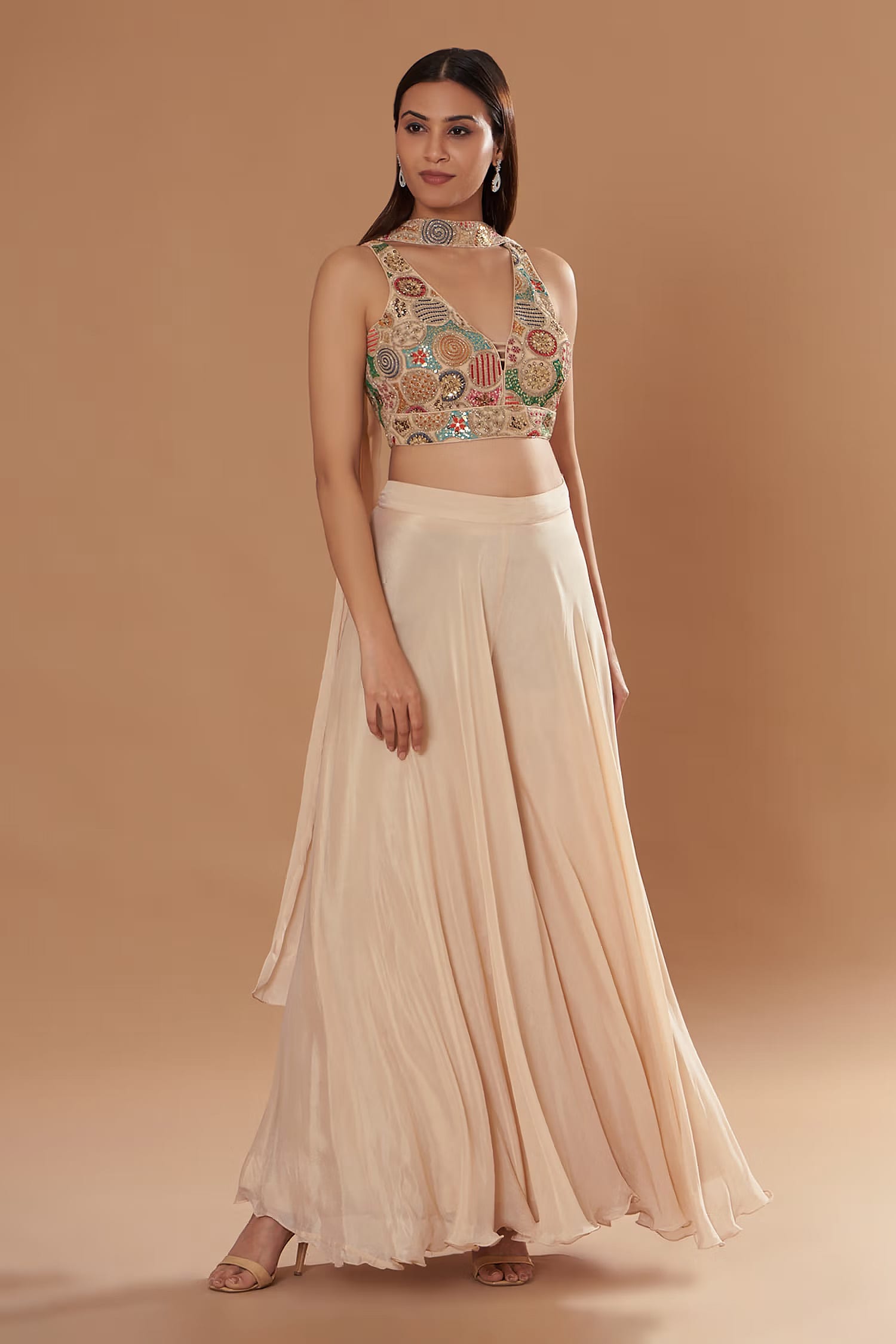 Buy Cream Chinnon Embroidery Resham V Neck Blouse Flared Pant Set For ...