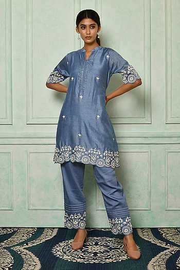 Buy Blue Kurta Bemberg Silk Embroidery Floral Mandarin Half Sleeve And ...