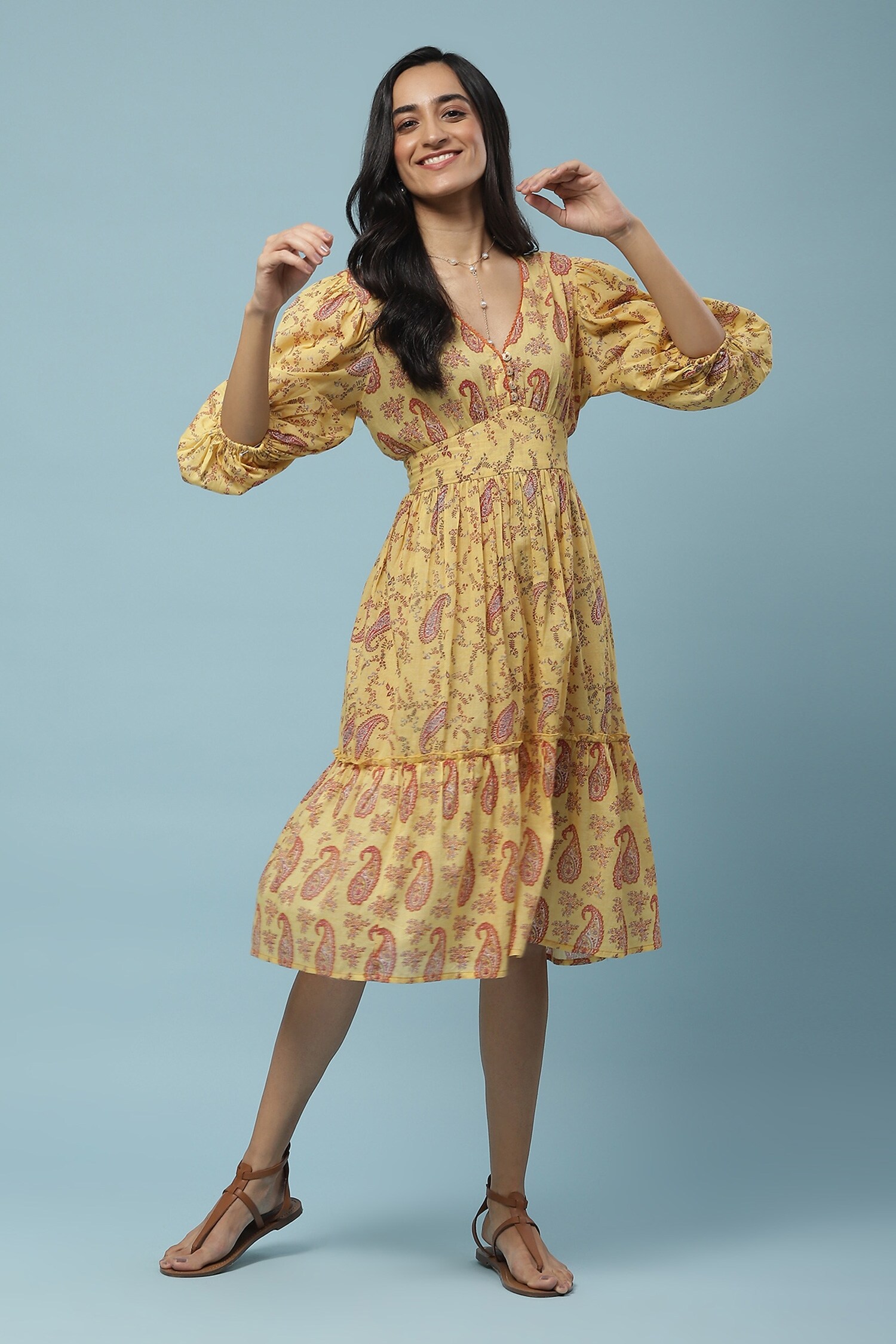 Buy Aarke Ritu Kumar Yellow Cotton Balloon Sleeve Paisley Print Dress ...